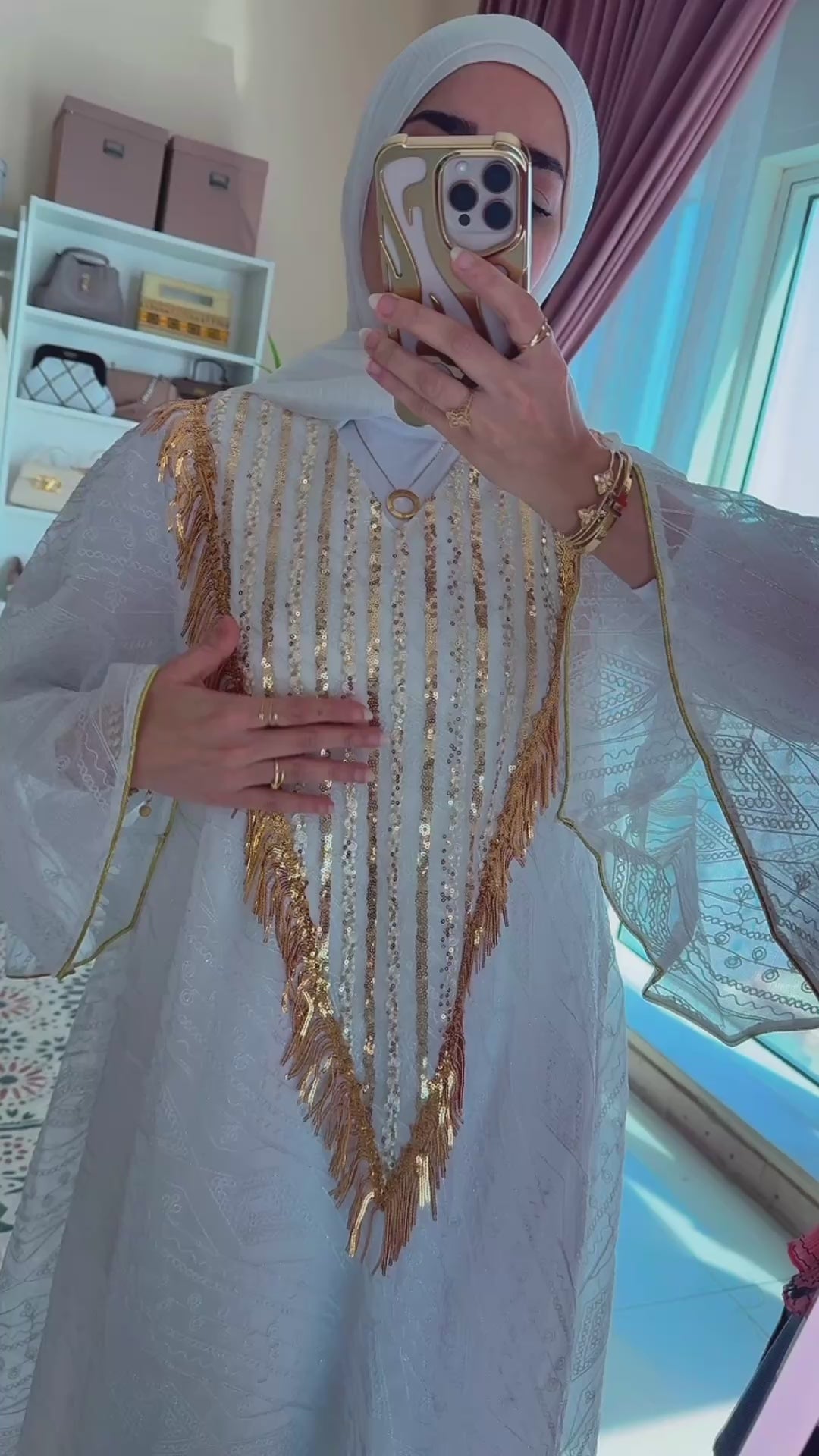 White dress with gold tassels – Yussra’s Style